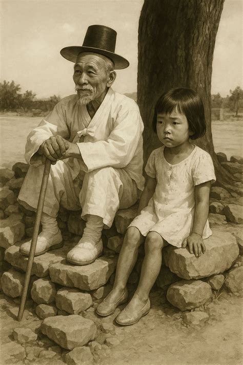 명우 사진소설쓰기 안녕하세요 인공지능ai 전문가 이명우 입니다 1950년대 한복을 입고 갓을 쓴 노인이 어린 소녀와 함께 나무 그늘 아래 돌담에 앉아 있는