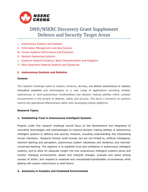 dnd nserc discovery grant supplement defence and security