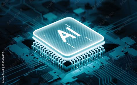 Glowing Light Blue Neon AI Chip With Thin Circuit Contact Lines AI Chip On Technology