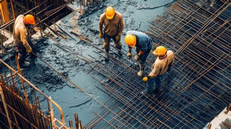 Construction Workers Pouring Concrete Onto Rebar Grid Stock Illustration Illustration Of