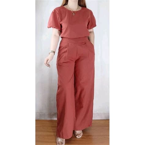 Elena Plain Cotton Linen Round Neck Blouse Top Terno Highwaist Pants Coords Women Trendy Coords