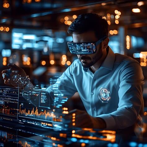 Man In Vr Headset Working With Data Visualization Premium Ai
