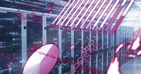 image of graphs globe and computer language over bars on data server