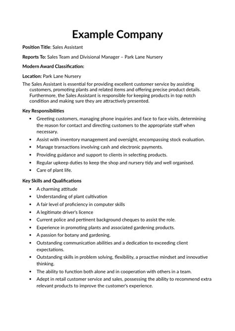 Job Description Example Sales Assistant