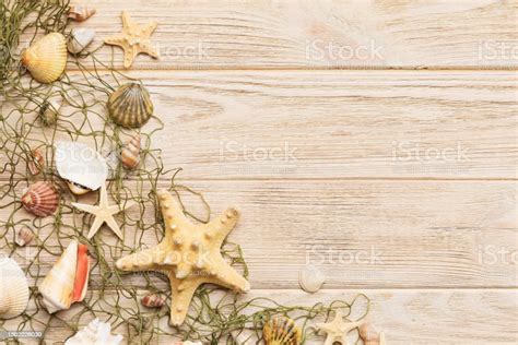 여름 시간 개념 컬러 테이블에 아름다운 불가사리와 바다 조개가있는 평평한 평지 구성 텍스트를위한 복사 공간이있는 상단 전망 0명에 대한 스톡 사진 및 기타 이미지 Istock