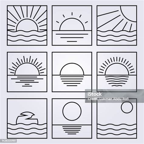 번들 라인 아트 태양 로고 벡터 일러스트 레이 션 디자인 일출 일몰 아이콘 기호 달 하늘에 대한 스톡 벡터 아트 및 기타 이미지 달 하늘 물 반사 광학 작용 Istock