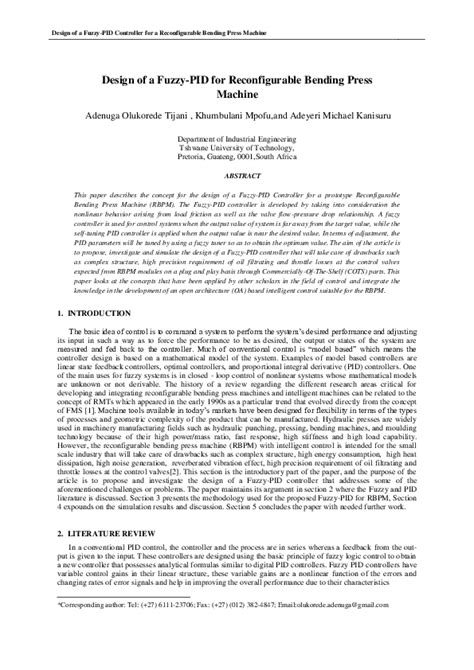 Pdf Design Of A Fuzzy Pid Controller For A Reconfigurable Bending Press Machine Design Of A
