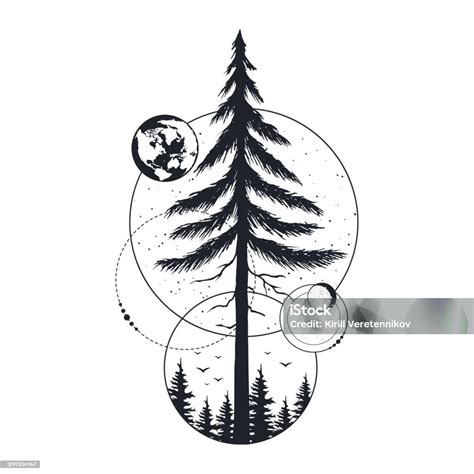 전나무 달 글로브 별과 손으로 그린 나무 배지 라벨 이나 문신에 대 한 숲기하 구성 구조체 프레임 벡터 격리 방랑자 인쇄 나무에 대한 스톡 벡터 아트 및 기타 이미지