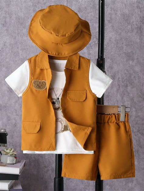 Shein للولد الصغار صور رسوم كارتون تي شيرت و قميص و بنطلون قصير و قبعة