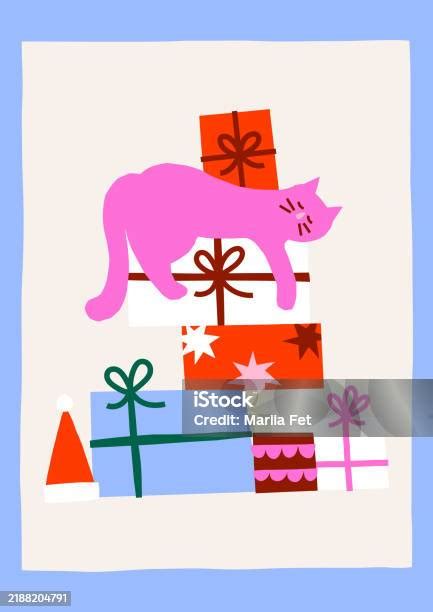 귀여운 컷 아웃 스타일 크리스마스 카드 벡터 템플릿입니다 손으로 그린 추상 휴일 일러스트 인쇄 크리스마스 선물과 고양이 12월에 대한 스톡 벡터 아트 및 기타 이미지