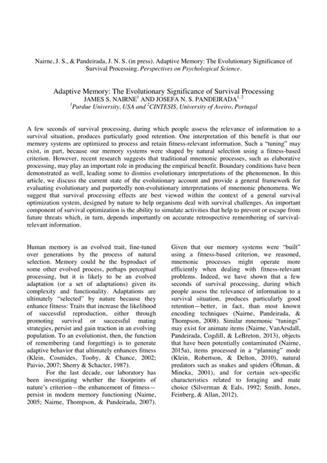 Pdf Adaptive Memory The Evolutionary Significance Of Survival Processing