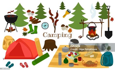 캠핑 숲에서 하이킹 손으로 그린 스타일의 요소 세트 텐트 화재 바베큐 크리스마스 트리 보온병 그릴 손전등 부츠 나침반 벡터 그림입니다 가을에 대한 스톡 벡터 아트 및 기타