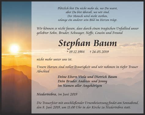 Traueranzeigen Von Stephan Baum Trauer In Thueringen De