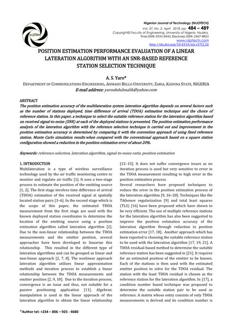 Pdf Position Estimation Performance Evaluation Of A Linear Lateration Algorithm With An Snr