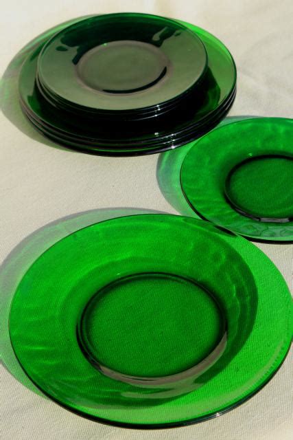 Vintage Glassware Forest Green Glass Dishes Salad And Bread Plates Set