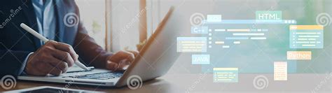 Software Developer Work With Coding Overlays Of Programming Languages Eide Stock Image Image