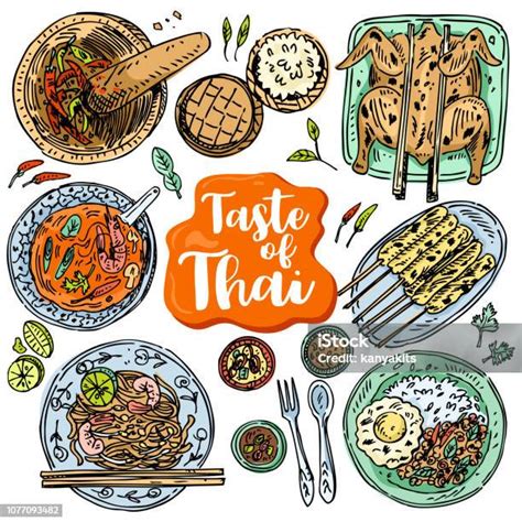 태국 음식 배경 손으로 그린 인기 있는 태국 음식 톰 얌 수프 패드 타이 국수 닭 Satay 파파야 샐러드 등 0명에 대한 스톡 벡터 아트 및 기타 이미지 Istock