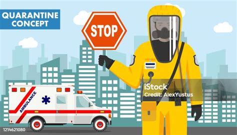 검역 및 의료 개념 구급차 자동차와 도시 경관과 배경에 보호 정장과 마스크 응급 의사의 상세한 그림 바이러스 감염 전염병 벡터 그림입니다 개념에 대한 스톡 벡터 아트 및