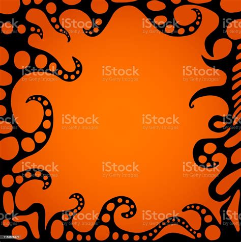 그라데이션 오렌지 색상 배경에 격리 된 양식 몬스터 촉수의 추상 낙서 프레임 텍스트에 대한 장소와 벡터 손으로 그린 판타지 배경 할로윈을위한 재미있는 디자인 프레임 할로윈에