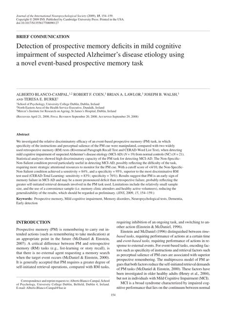 Pdf Detection Of Prospective Memory Deficits In Mild Cognitive