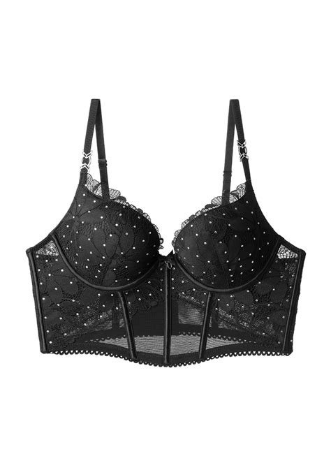 Sharon Sexy Black Lace Push Up Corset Long Bra With Rhinestones