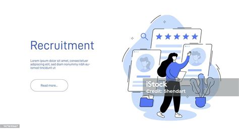 Hr 관리자는 잠재적 후보자 중에서 직원을 선택합니다 인재 검색 직원 이력서 현대적인 파란색 스타일의 채용 랜딩 페이지 디자인 개념에 대한 스톡 벡터 아트 및 기타 이미지
