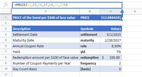 Excel Price Function Calculate Bond Price