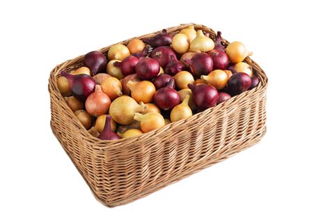 흰색 배경에 고리버들 바구니에 여러 가지 빛깔의 노란색과 붉은 양파 분리 야채 건강한 식생활에 대한 스톡 사진 및 기타 이미지 건강한 식생활 껍질 노랑 Istock