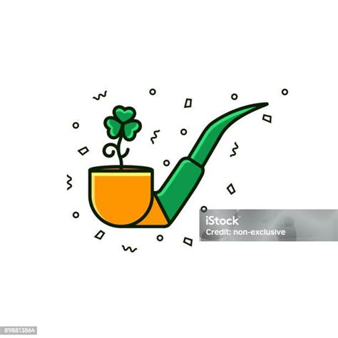 담배 파이프 장식 토끼풀 새싹고립 된 배경에 플랫 컬러 라인 아이콘 세인트 패 트 릭의 날 벡터 일러스트입니다 St Patricks Day에 대한 스톡 벡터 아트 및