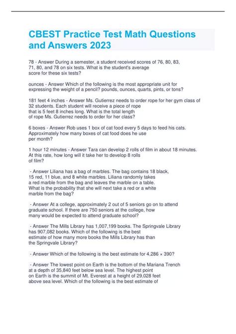 Cbest Practice Test Math Questions And Answers 2023 Cbest Stuvia Us