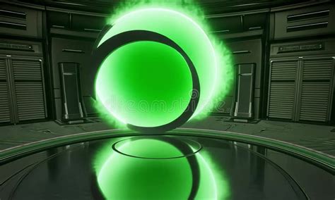 A Glowing Green Orb In A Futuristic Metallic Room With Sleek Walls And Illuminated Features