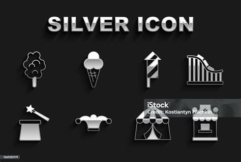 종 롤러코스터 매표소 서커스 텐트 마술과 지팡이 불꽃놀이 로켓 솜사탕 아이스크림이 와플 콘 아이콘으로 된 광대 모자를 설정하세요 벡터 검은색에 대한 스톡 벡터 아트 및 기타