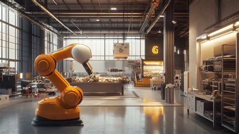 Orange Robotic Arm In Modern Industrial Factory Setting Stock Illustration Illustration Of