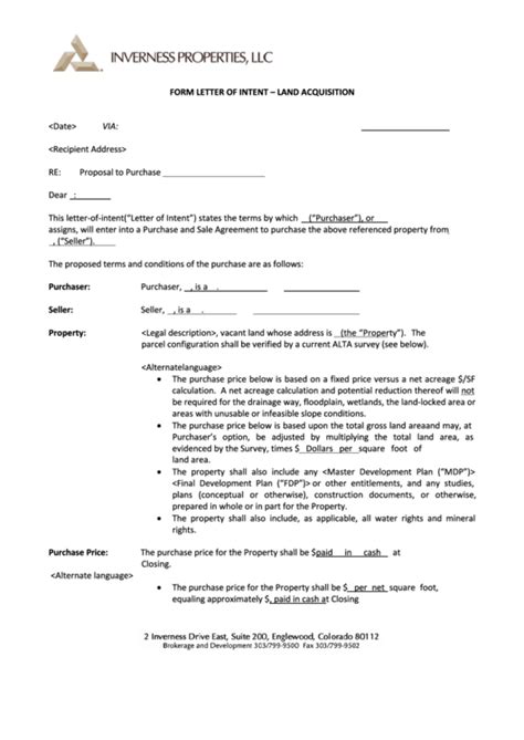 Form Letter Of Intent Land Acquisition Printable Pdf Download