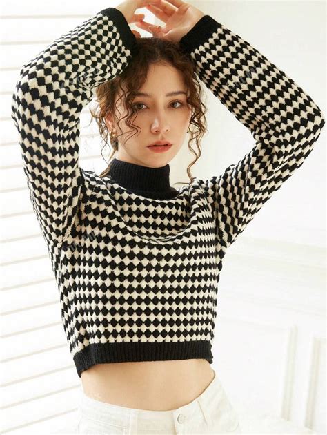 Knit Mix Checker Pattern Mock Neck Sweater Shein Usa