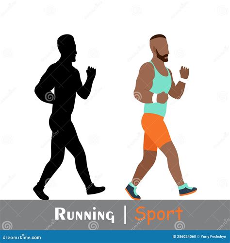 Running Man And His Silhouette Active People Fitness Sports Movement Side View Stock Vector