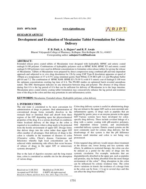 Pdf Development And Evaluation Of Mesalamine Tablet Formulation For
