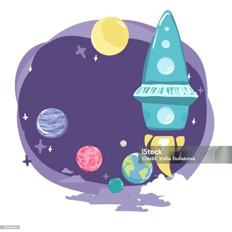 만화 공간 배경입니다 전단지 배너 카드 표지 프레임 포스터에 대한 템플릿 벡터 어린이 그림입니다 로켓이 하늘로 날아갑니다 행성과 우주 게임 스타일 개념에 대한 스톡 벡터