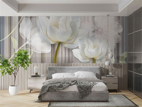 Флорален тапет с големи бели цветя и триизмерен ефект идеален за спалня и хол Фототапети
