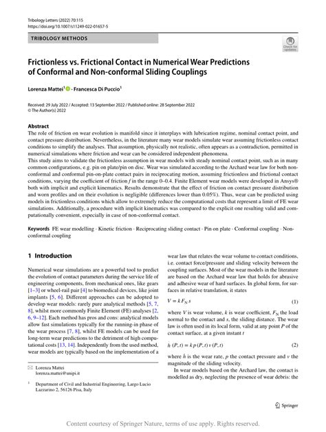 Pdf Frictionless Vs Frictional Contact In Numerical Wear Predictions Of Conformal And Non