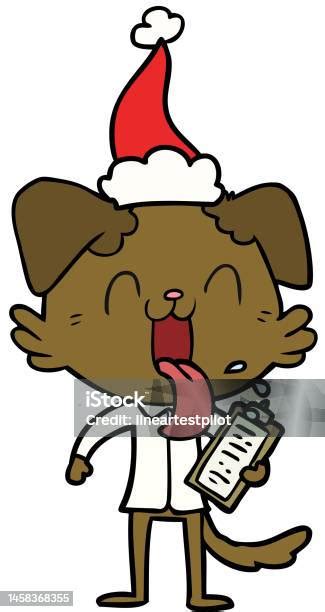산타 모자를 쓰고 클립보드를 들고 헐떡이는 강아지의 손으로 그린 선 그림 개에 대한 스톡 벡터 아트 및 기타 이미지 개 귀여운 낙서 드로잉 Istock