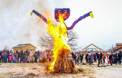 Giant Labubu Effigy Burned At Argamach Park During Maslenitsa In