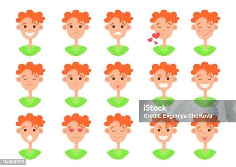 얼굴 감정 아이콘 웃는 얼굴 세트 평면 다채로운 그림 스마일 컬렉션 귀여운 재미 있은 빨간 머리 남자 흉상 흰색 배경에 고립 된