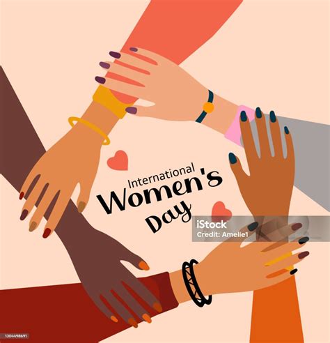 3월 8일 세계 여성의 날 페미니즘 여성은 인사말 카드를 함께 손 여자의 힘 자유 독립 평등을 위해 싸우십시오 벡터 그림입니다 여자에 대한 스톡 벡터 아트 및 기타 이미지