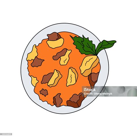 야채와 고기와 함께 매운 야채 스튜 불가리아 전통 음식 벡터 손으로 그린 그림입니다 메뉴 카페 비스트로 레스토랑을위한 디자인 요소 0명에 대한 스톡 벡터 아트 및 기타