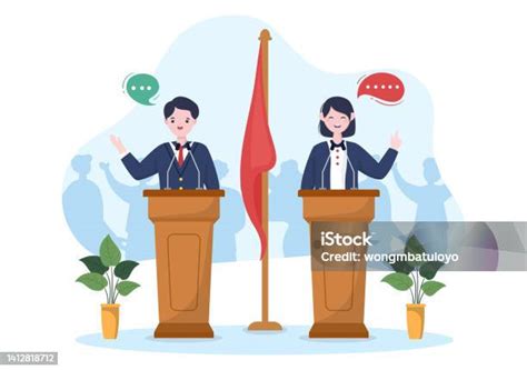 정치 후보자 만화 손으로 그린 일러스트 레이 션 승진 선거 캠페인 적극적인 토론 및 투표 얻기를위한 토론 개념 Political Party에 대한 스톡 벡터 아트 및 기타