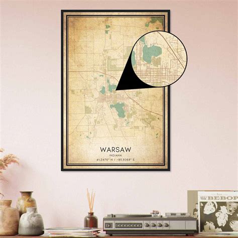 Vintage Warsaw Indiana Map Poster Modern Home Decor Wall Art Print