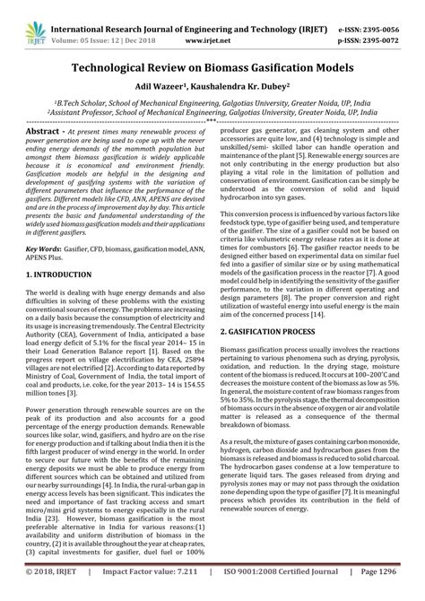 PDF Technological Review On Biomass Gasification Models