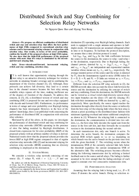 Pdf Distributed Switch And Stay Combining For Selection Relay Networks