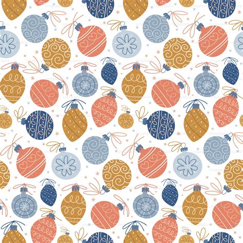 스칸디나비아 스타일의 빈티지 크리스마스 트리 볼과 완벽한 패턴 배경 포장지 직물 표면 디자인 덮개 등을 위한 크리스마스 장식 플랫 손으로 그린 벡터 그림 벡터